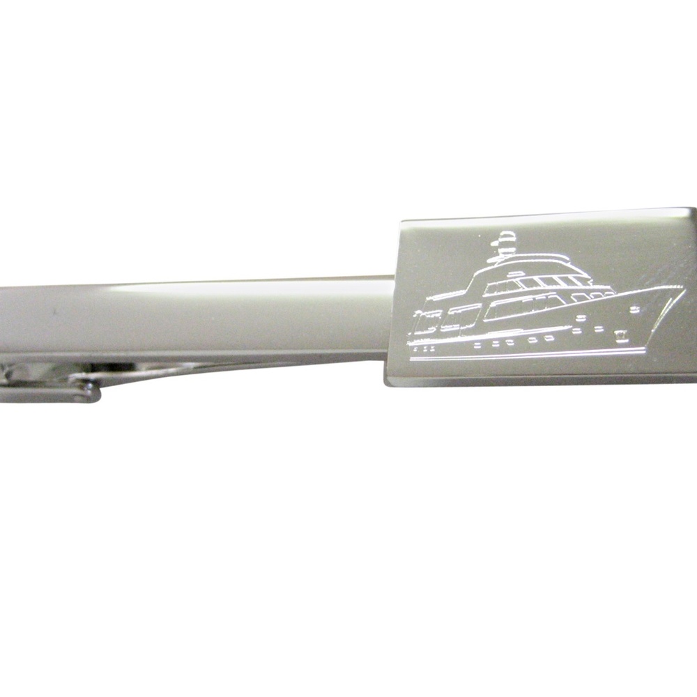 Silver Toned Etched Boat Square Tie Clip - Gem